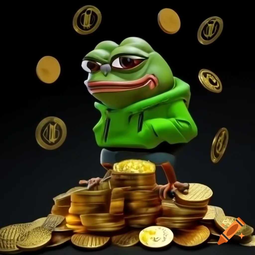 Pepe the Frog atop cryptocurrency symbols symbolizing digital dominance ...