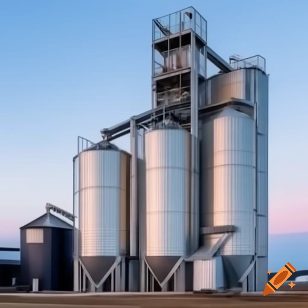 Malt tower building with 5 silos and dust collection setup on Craiyon