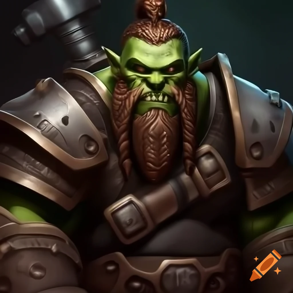 Half-orc warrior in heavy armor with prosthetic cannon arm and mohawk ...