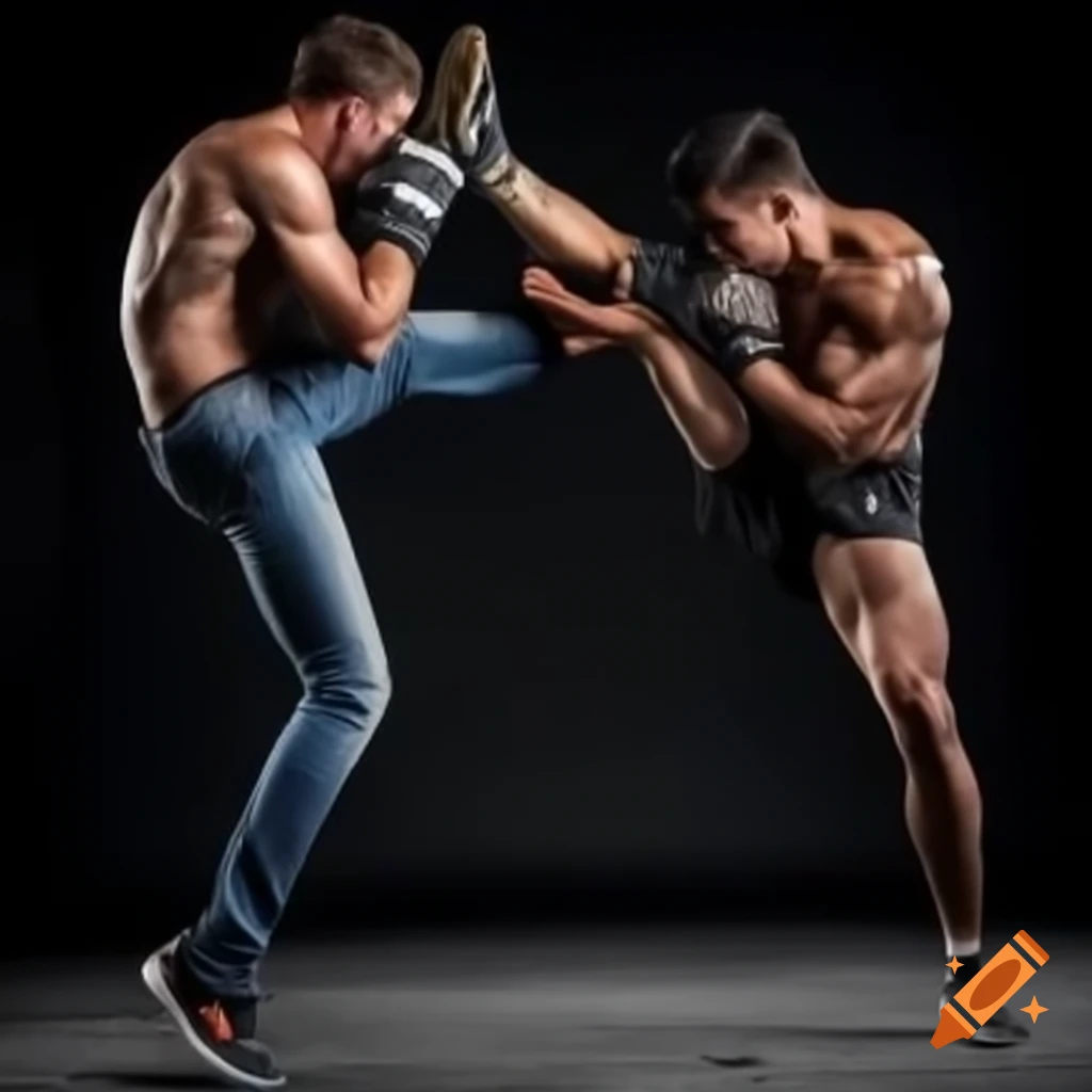 Athletes in jeans training with dynamic combat moves and hard hits on ...