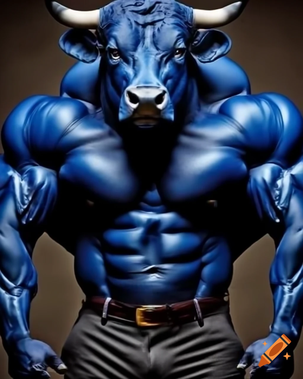 Powerful blue bull in tailored slacks on Craiyon