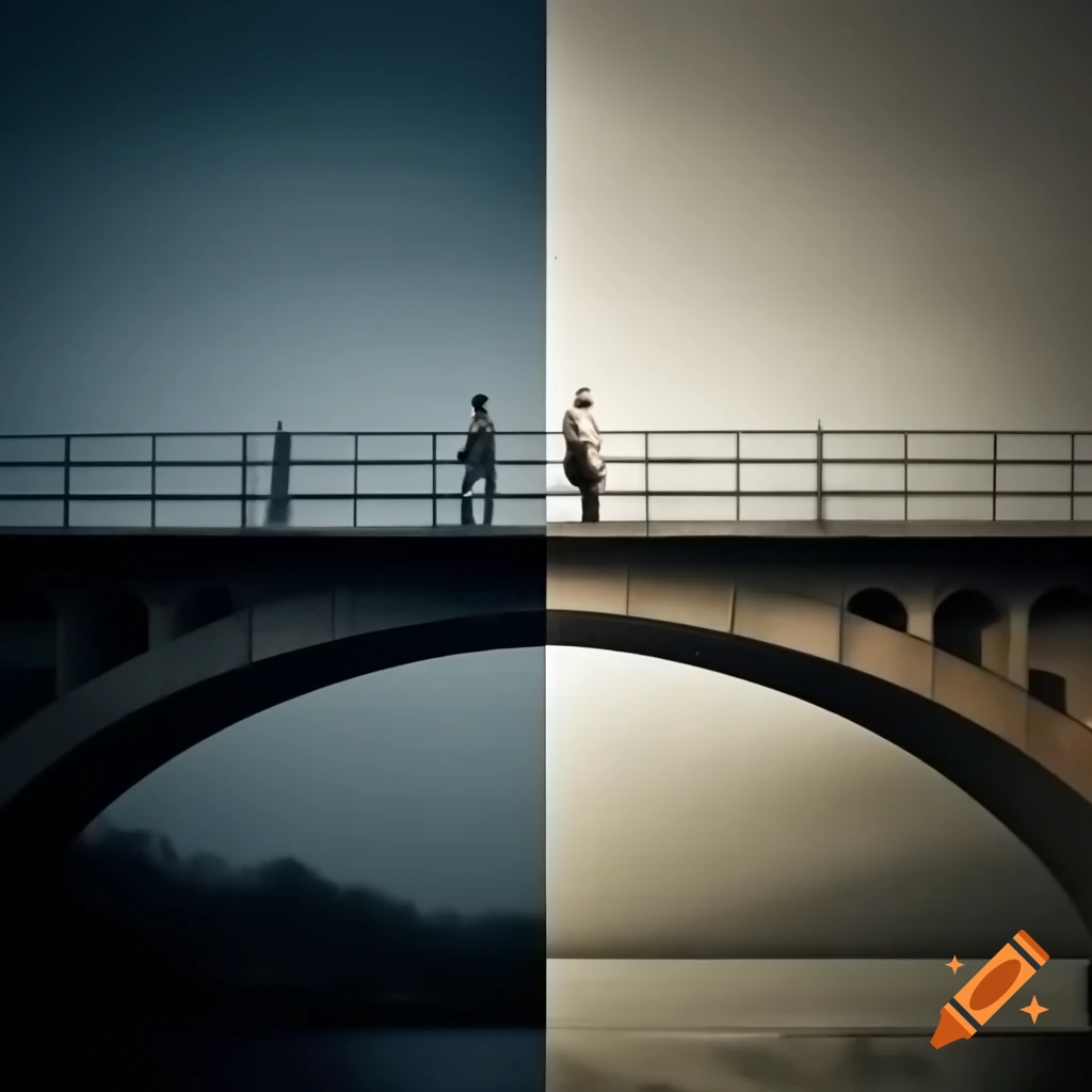 Split bridge with two people on opposite sides looking at each other on ...