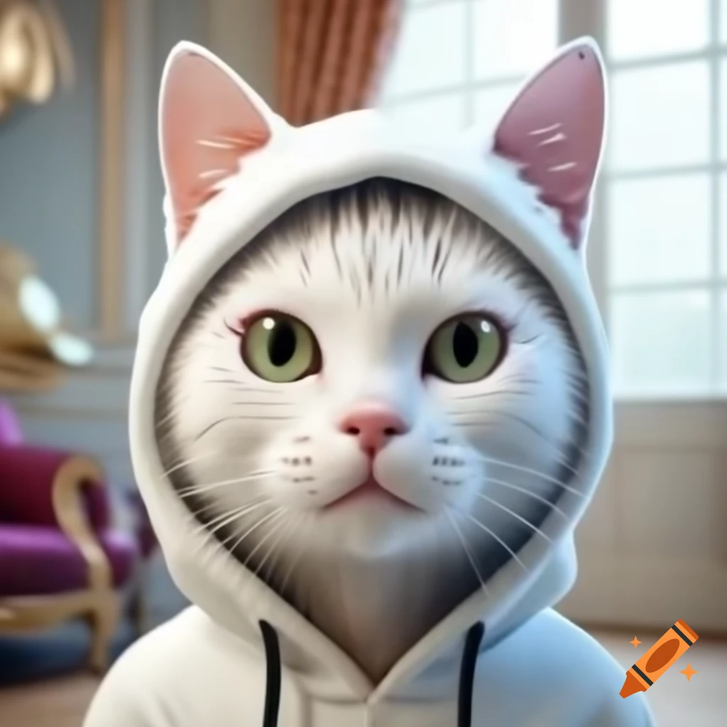 3d humanoid cat with white fur in a hoodie in a luxurious room on Craiyon