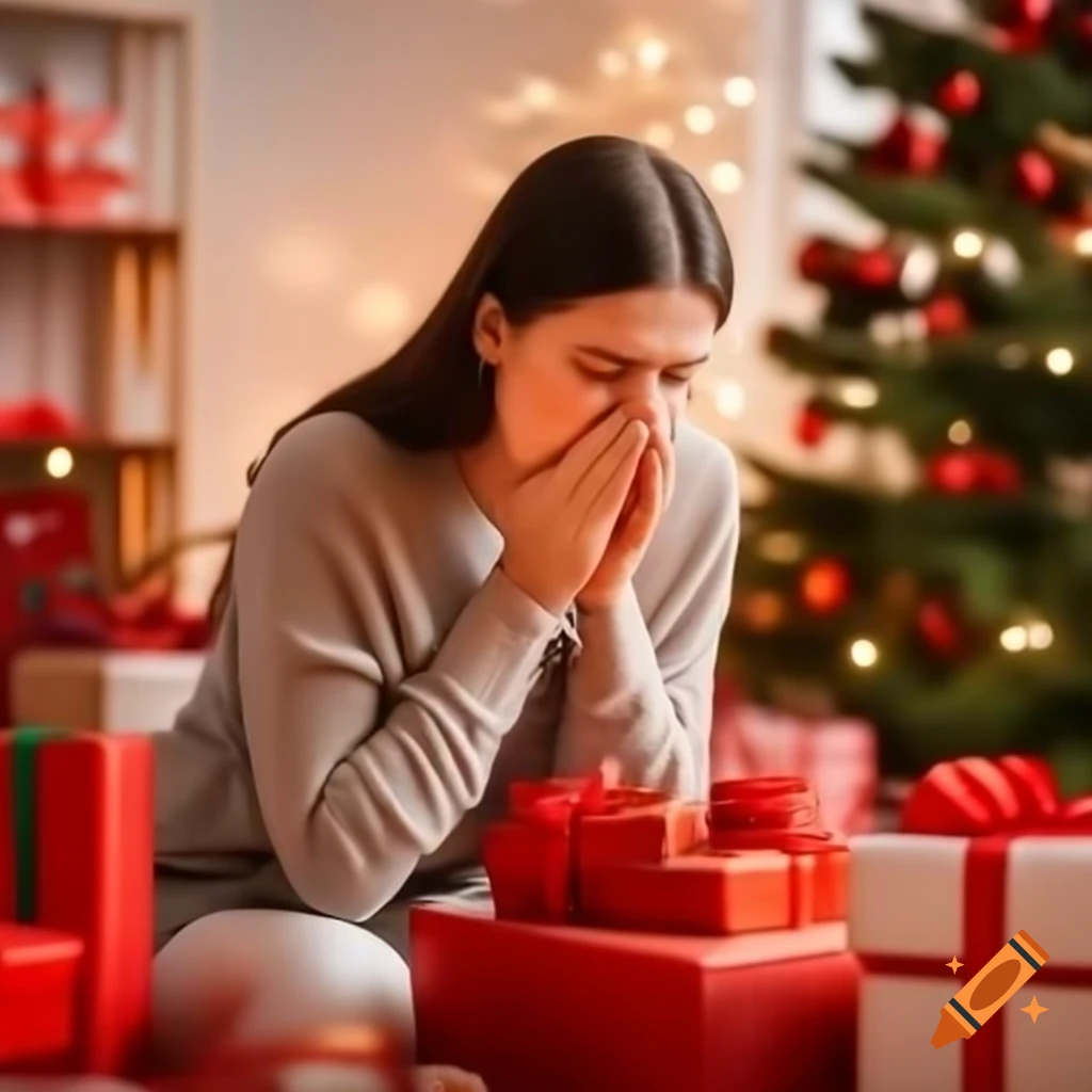 Woman with flu coughing among Christmas gifts on Craiyon