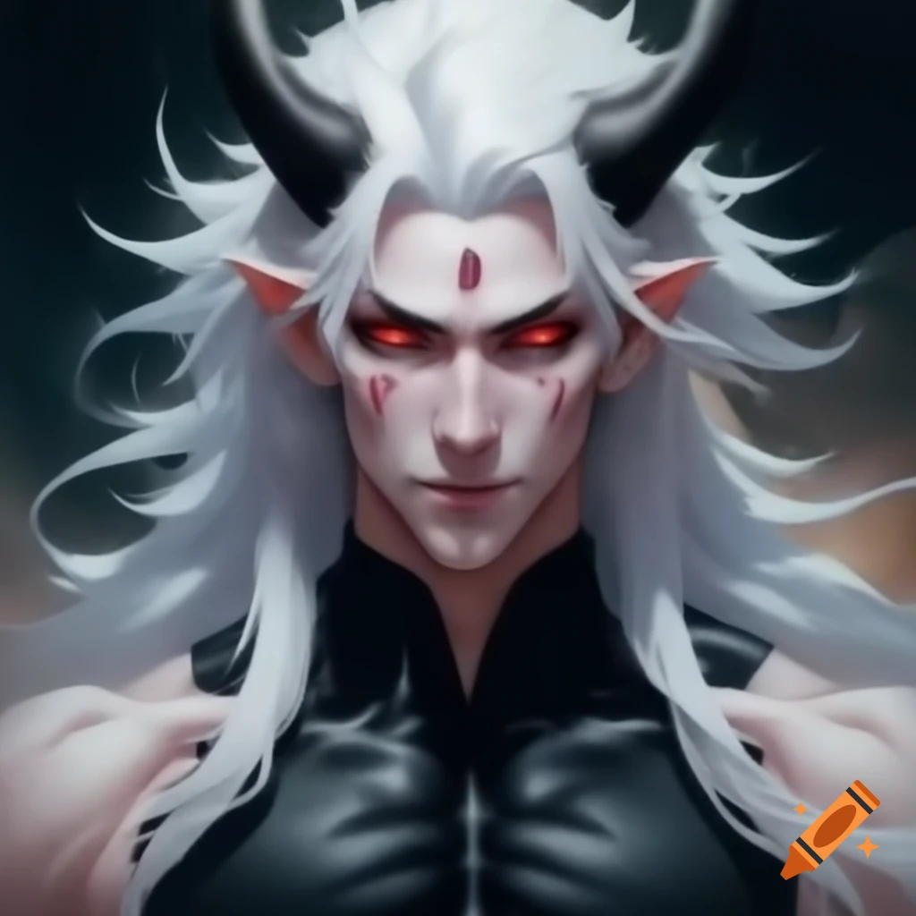 Tall male human-looking demon with long white hair and ruby eyes ...