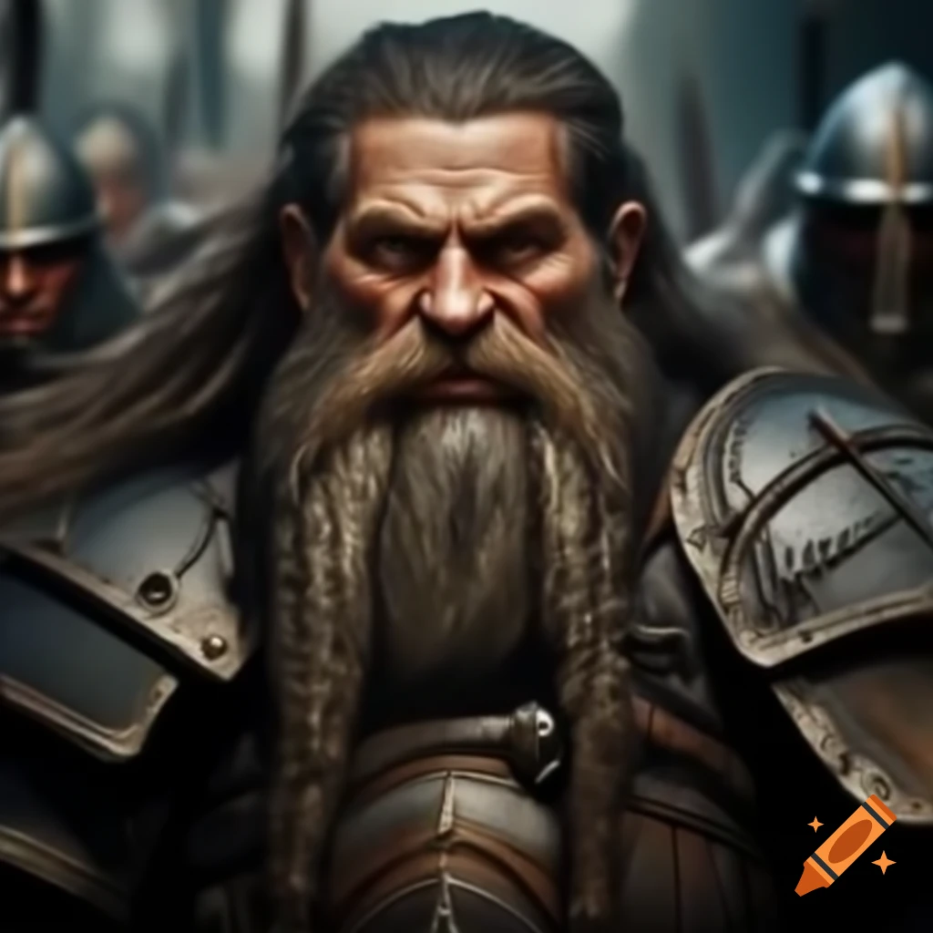 Middle aged bearded dwarf in battle-worn splintmail armor on Craiyon
