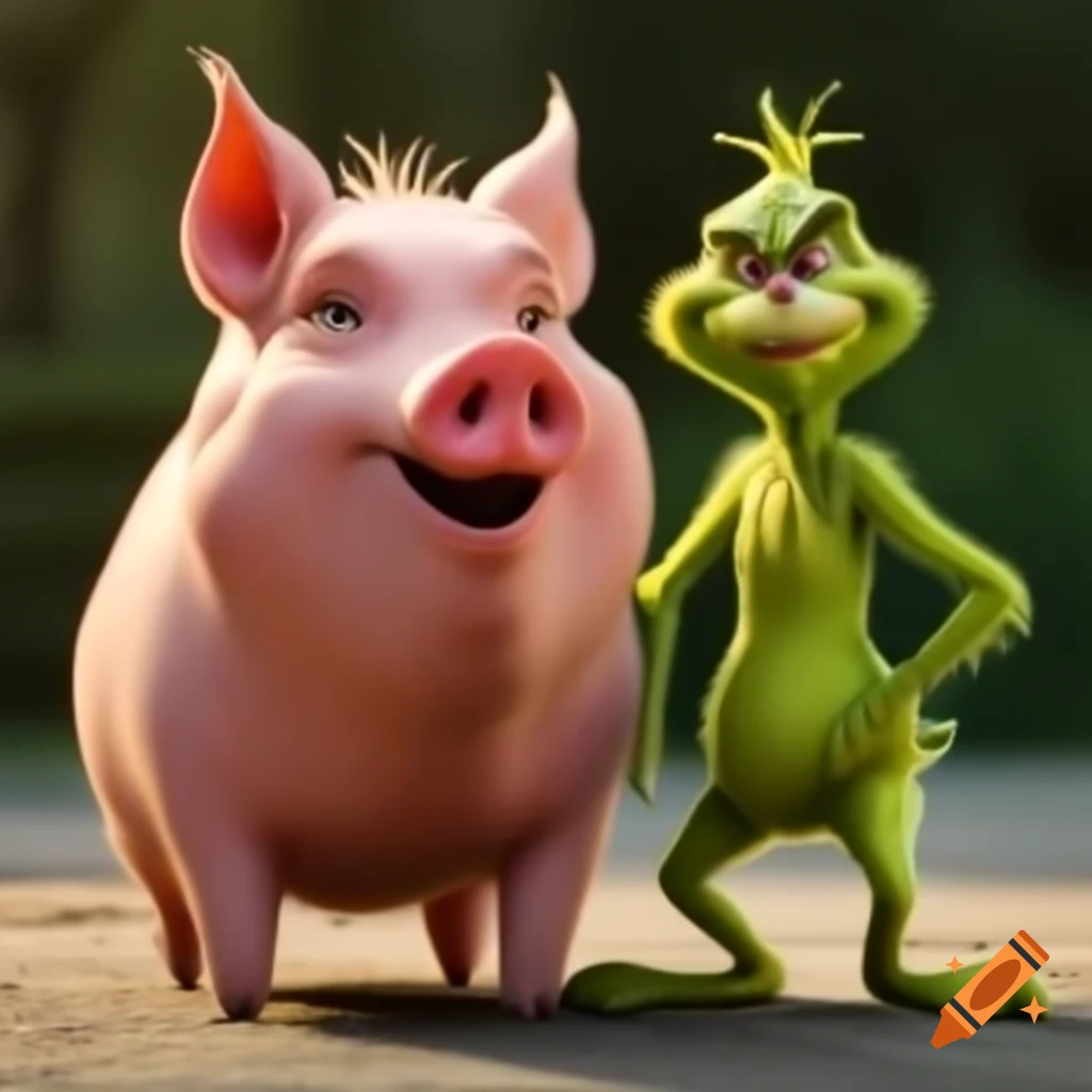 Cartoon Grinch next to pink pig with green spots on Craiyon