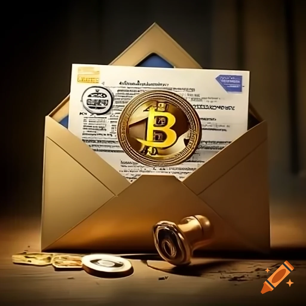 Envelope with Bitcoin stamp, ready for mailing on Craiyon