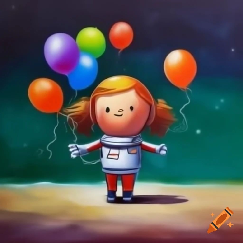 Happy girl astronaut surrounded by carnival streamers and balloons on ...