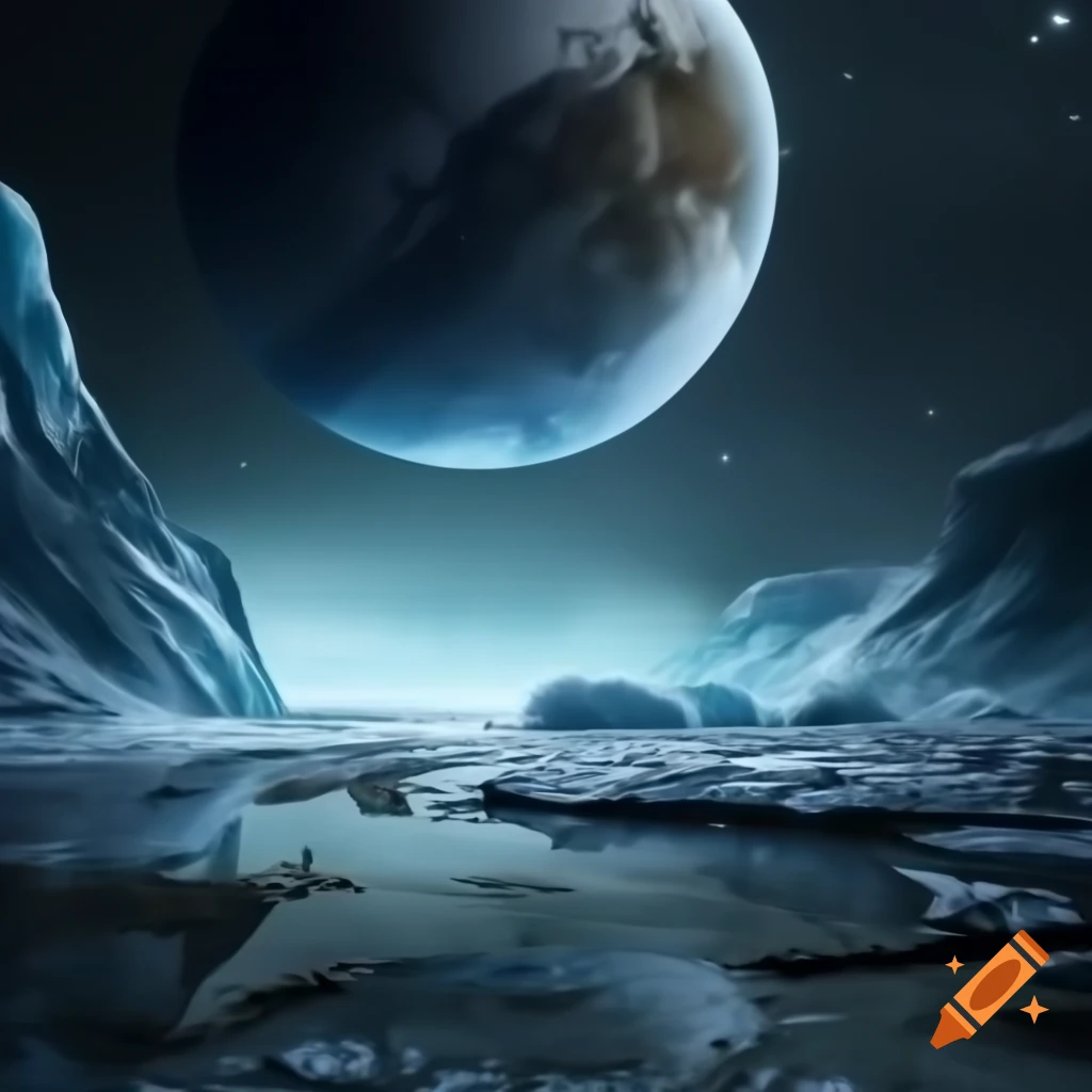 Muddy, snowy, and icy alien planet landscape on Craiyon