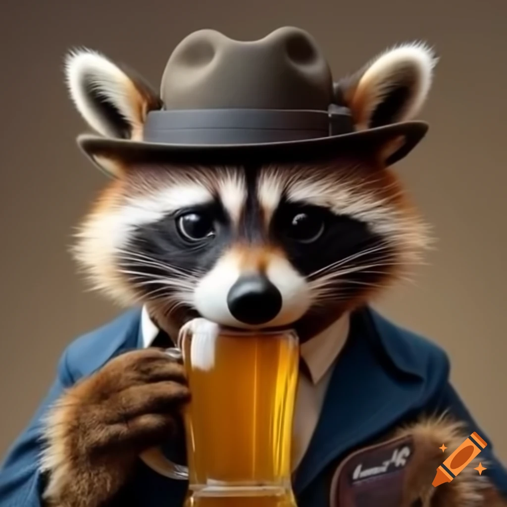 Humanoid raccoon dressed as 80s gangster drinking beer, minimalist logo ...