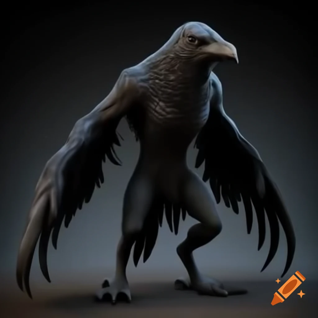 Humanoid raven-like creature in low poly style, T-pose with long arms ...