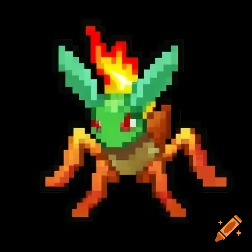 Pixel-art fire-cricket Pokémon with glowing mandibles and fiery legs on ...