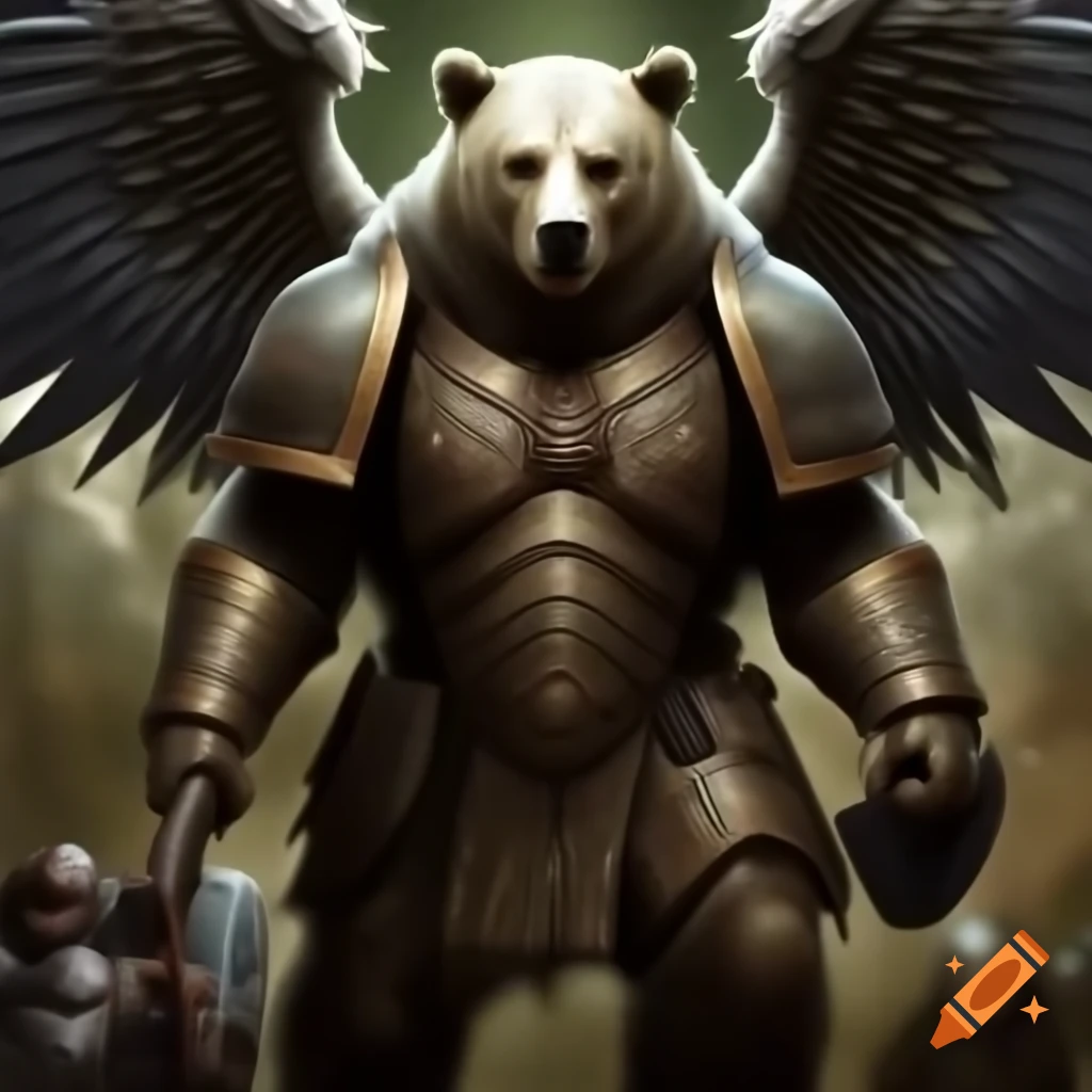 Armored bear with wings, holding a shield and warhammer, symbolizes ...