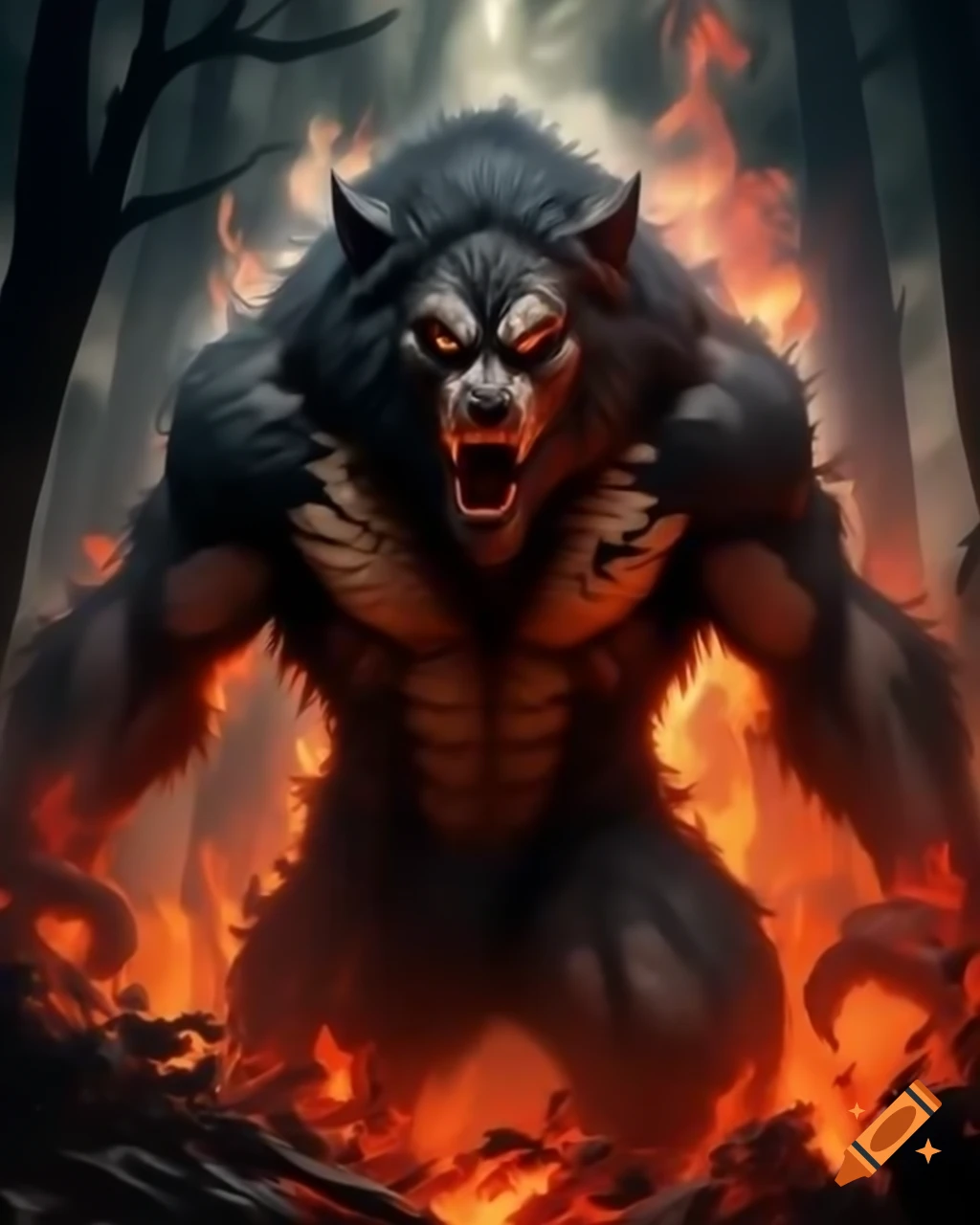 Ferocious werewolf infused with fire and molten lava, glowing claws on ...