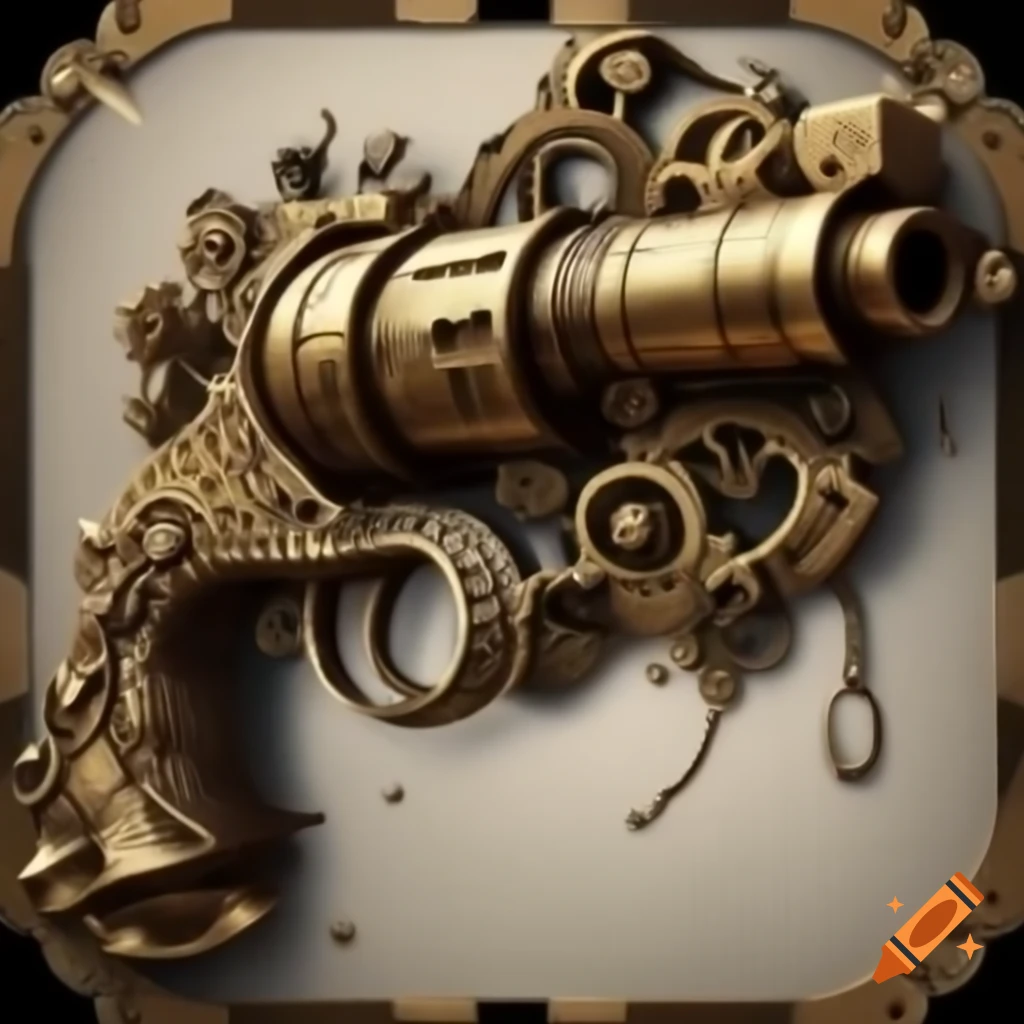 Intricately designed golden steampunk pistol with gears and engravings ...