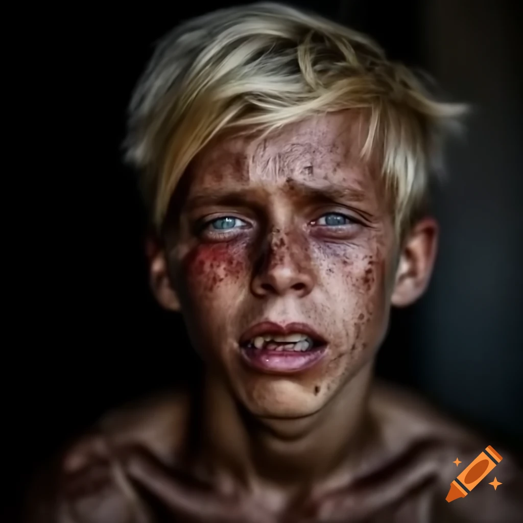 Young male model with blonde hair crying, illuminated by flames in an ...