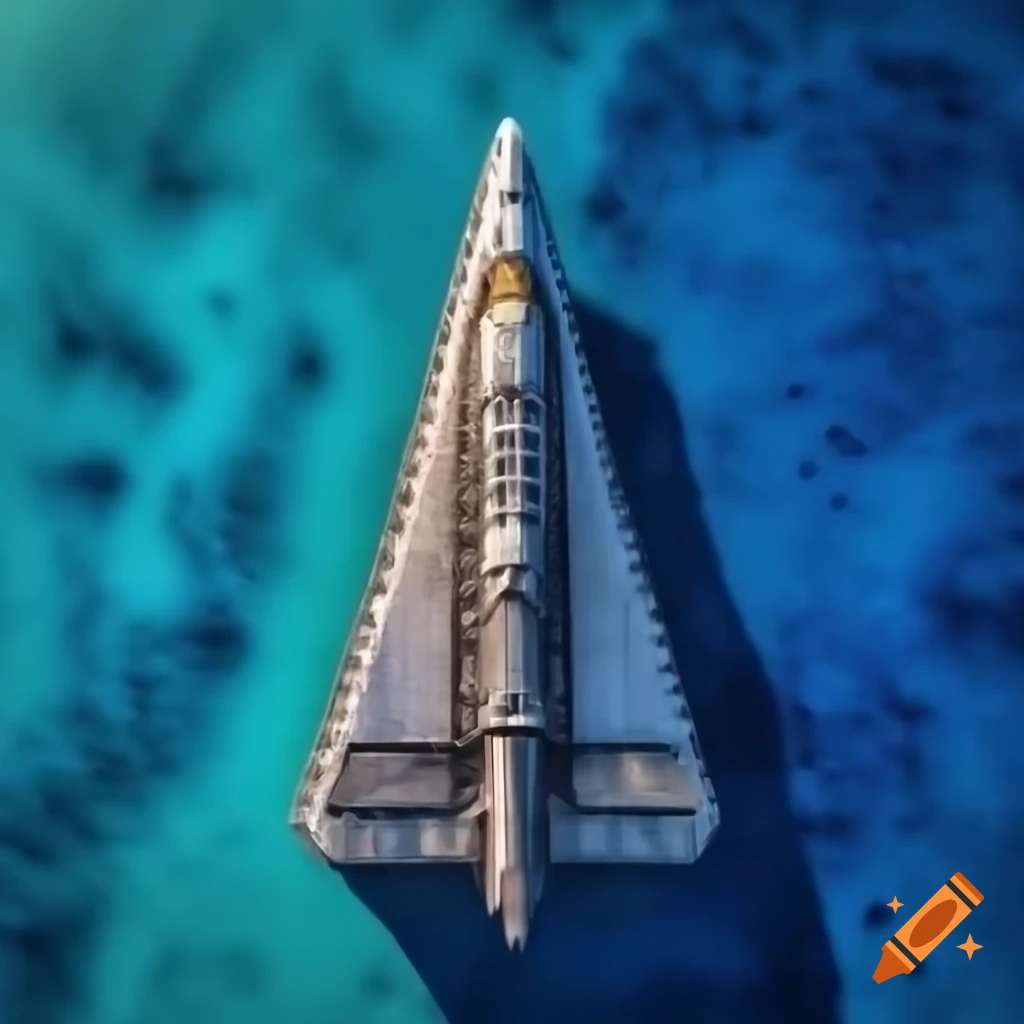 Overhead view of triangle-shaped spaceship in pixel art style on Craiyon