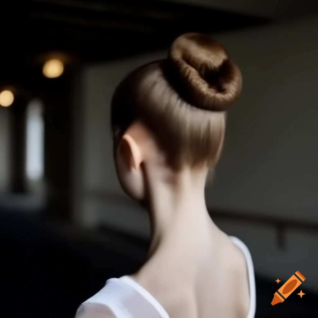 Ballerina girl with long neck and neat bun in white leotard in a ...