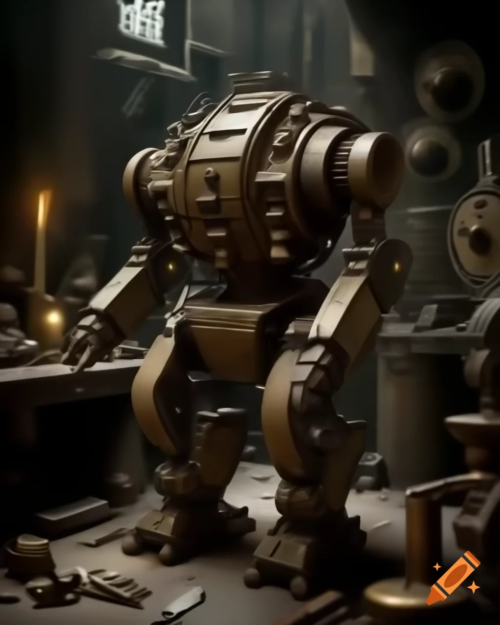 Realistic robot with archaic mechanical components in dimly lit ...