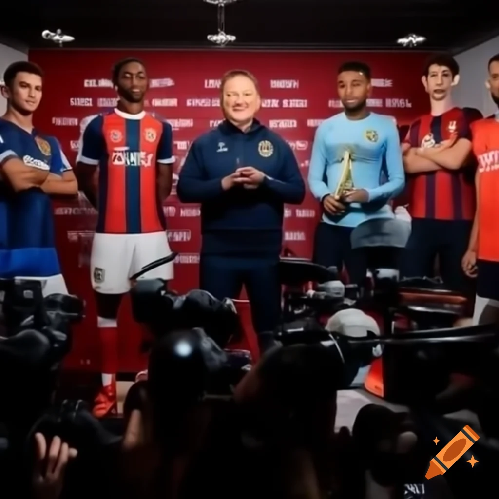 Football manager at press conference with club scarf and celebrating ...