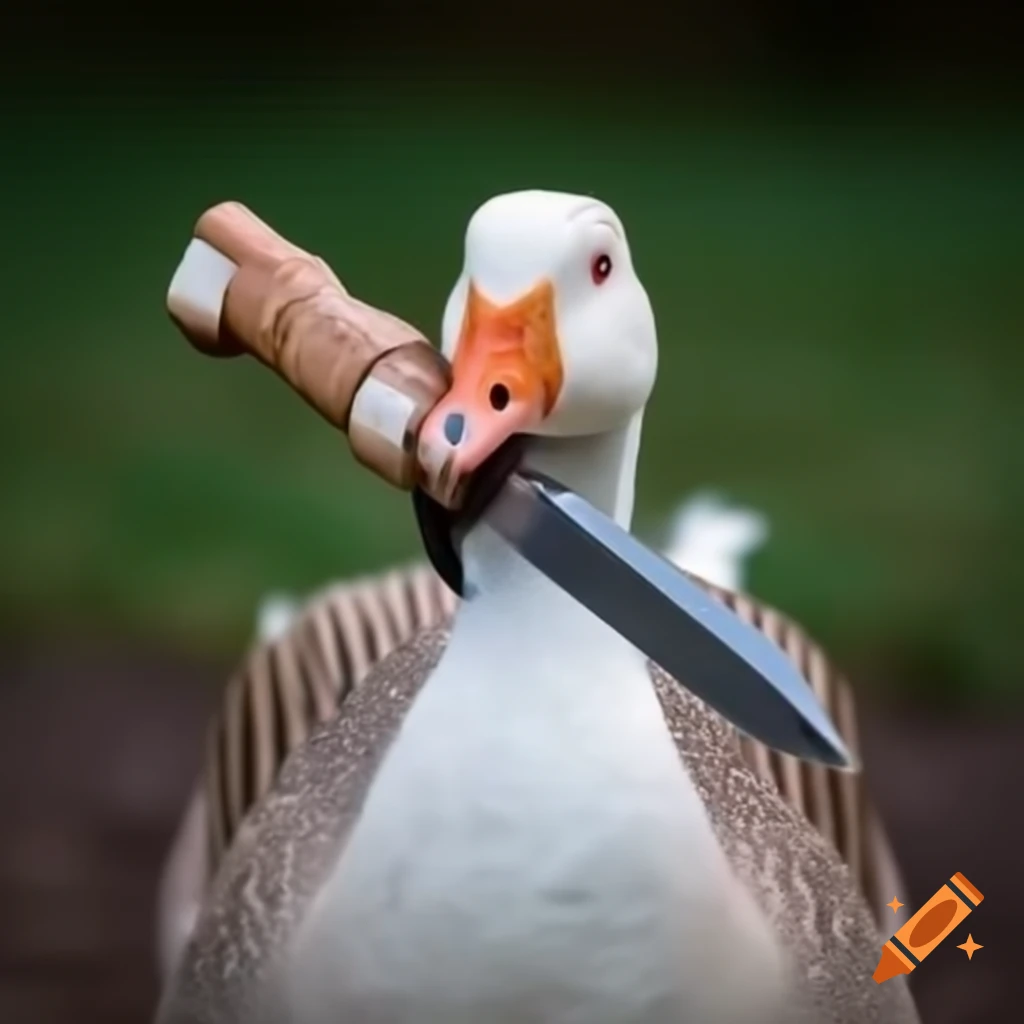 Goose with knife in beak, humorous depiction on Craiyon