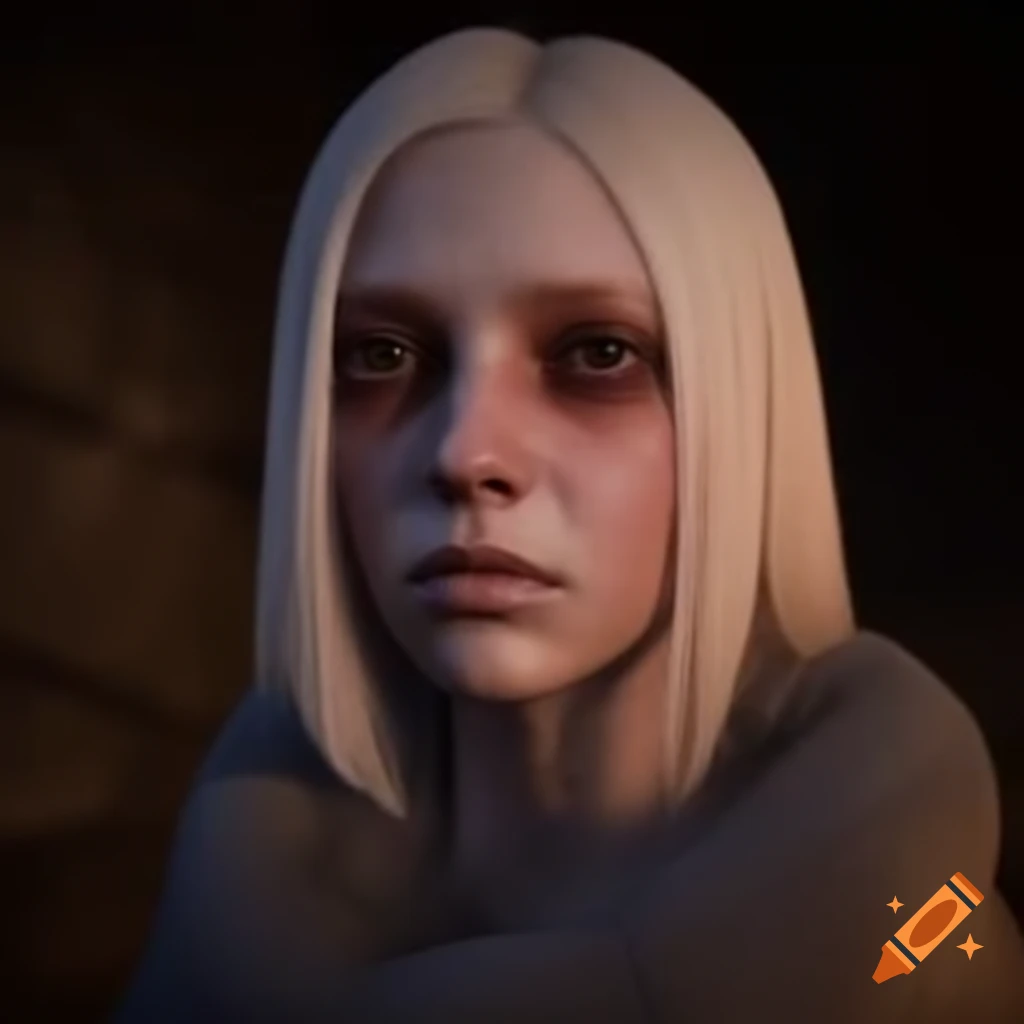 Young albino woman with large black eyes and stone age fur, influenced ...