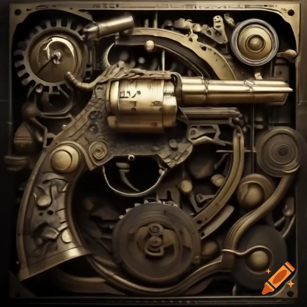 Intricately designed golden steampunk pistol with gears and engravings ...