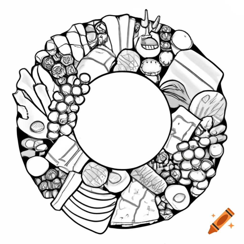 Elegant single-line drawing of circular charcuterie board with crackers ...