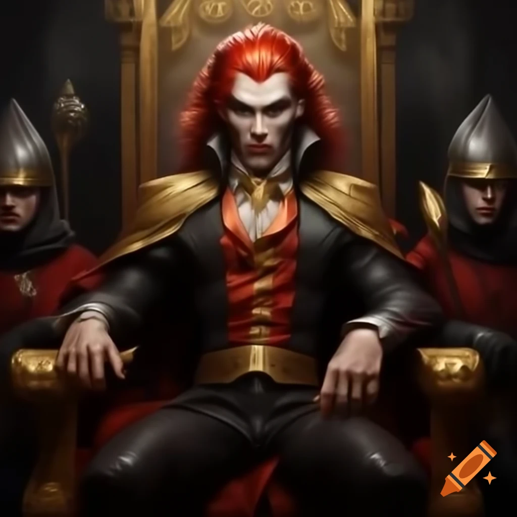 Young vampire with red hair and ornate chestnut robe on Craiyon