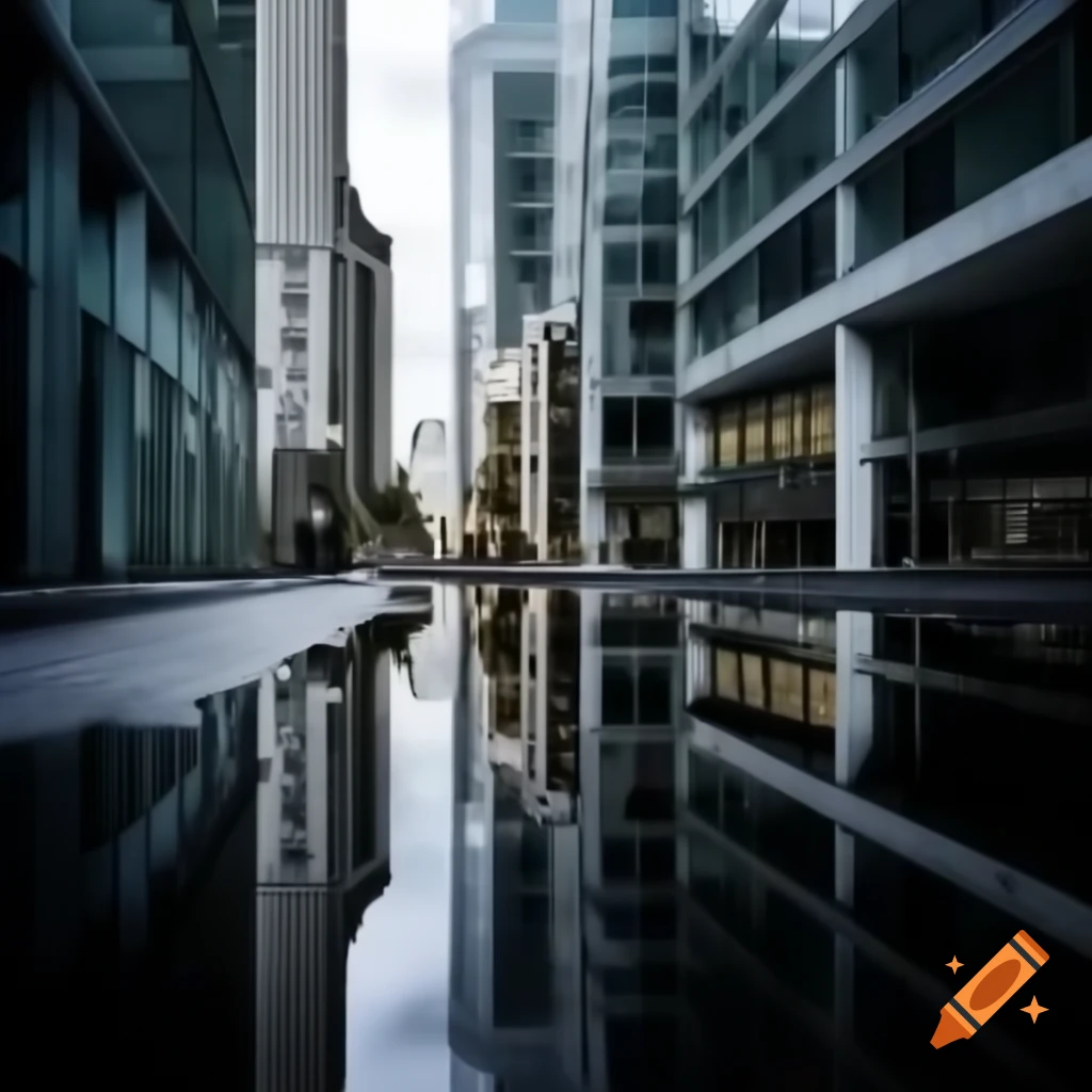 Reflective surfaces in cityscape showcasing glass buildings and puddles ...