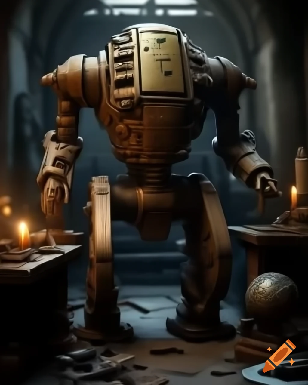Realistic robot with archaic mechanical components in dimly lit ...