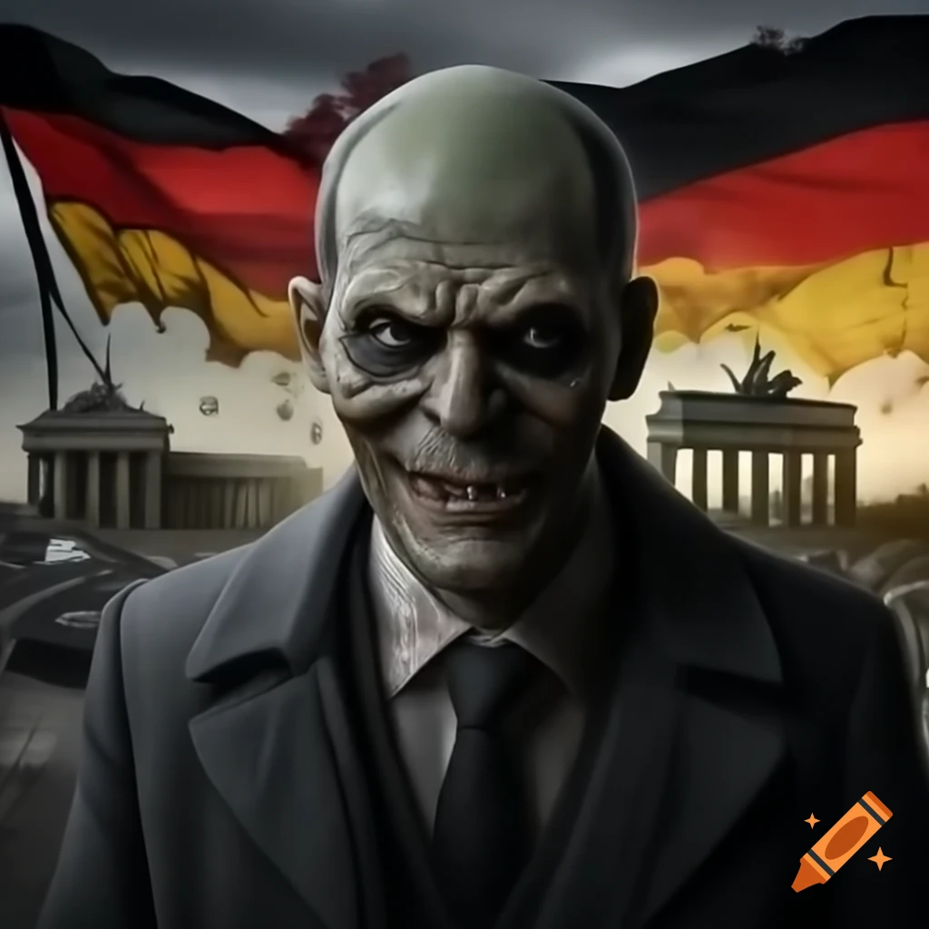 Zombie grinning with german flag and destroyed brandenburger tor in ...