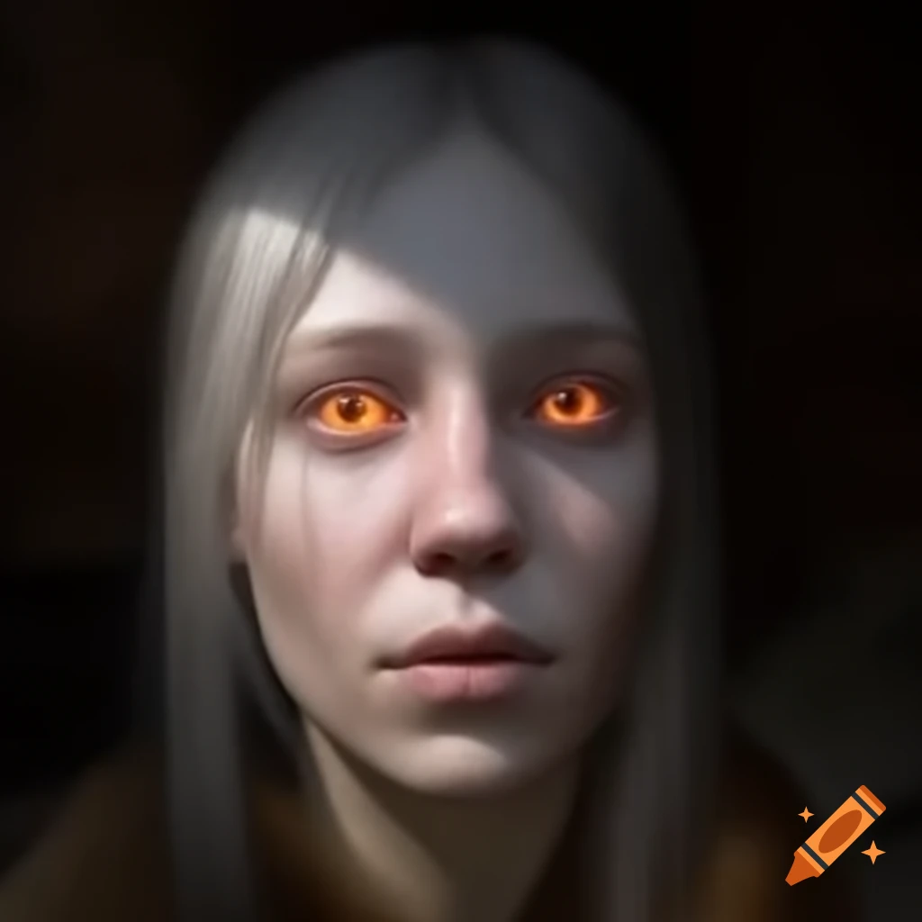 Young thoughtful albino woman with long black hair and large black eyes ...