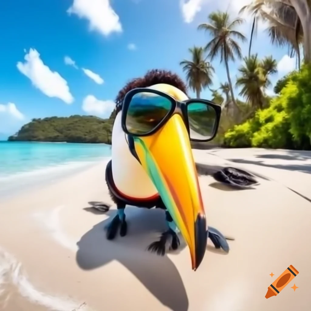Suave toucan in sunglasses enjoying day on tropical beach with palm ...
