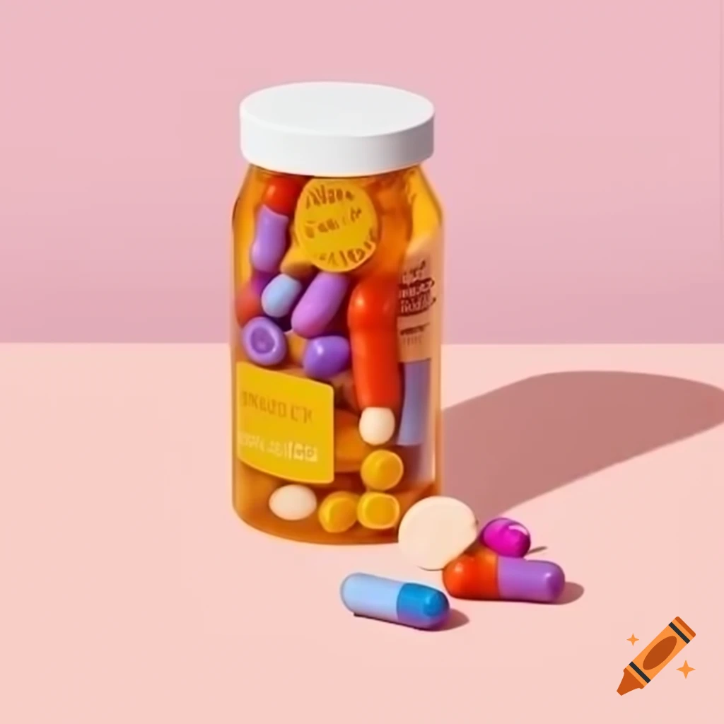 Vibrant vitamin container labeled Happy Vitamins on Craiyon