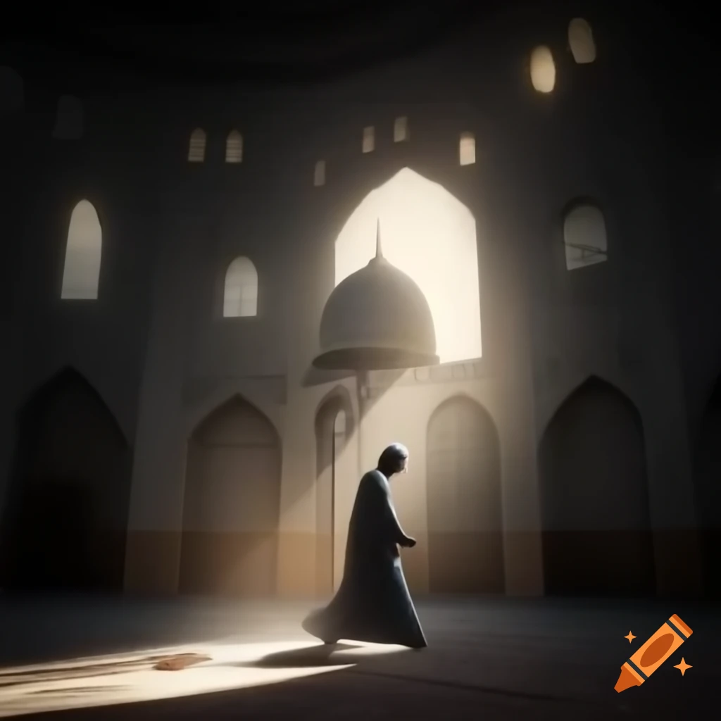 Figure in peaceful supplication emerging from mosque on Craiyon