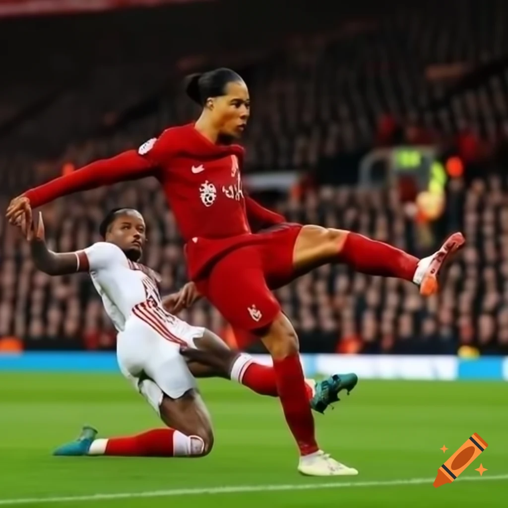 Virgil van dijk performing powerful sliding tackle during a soccer ...
