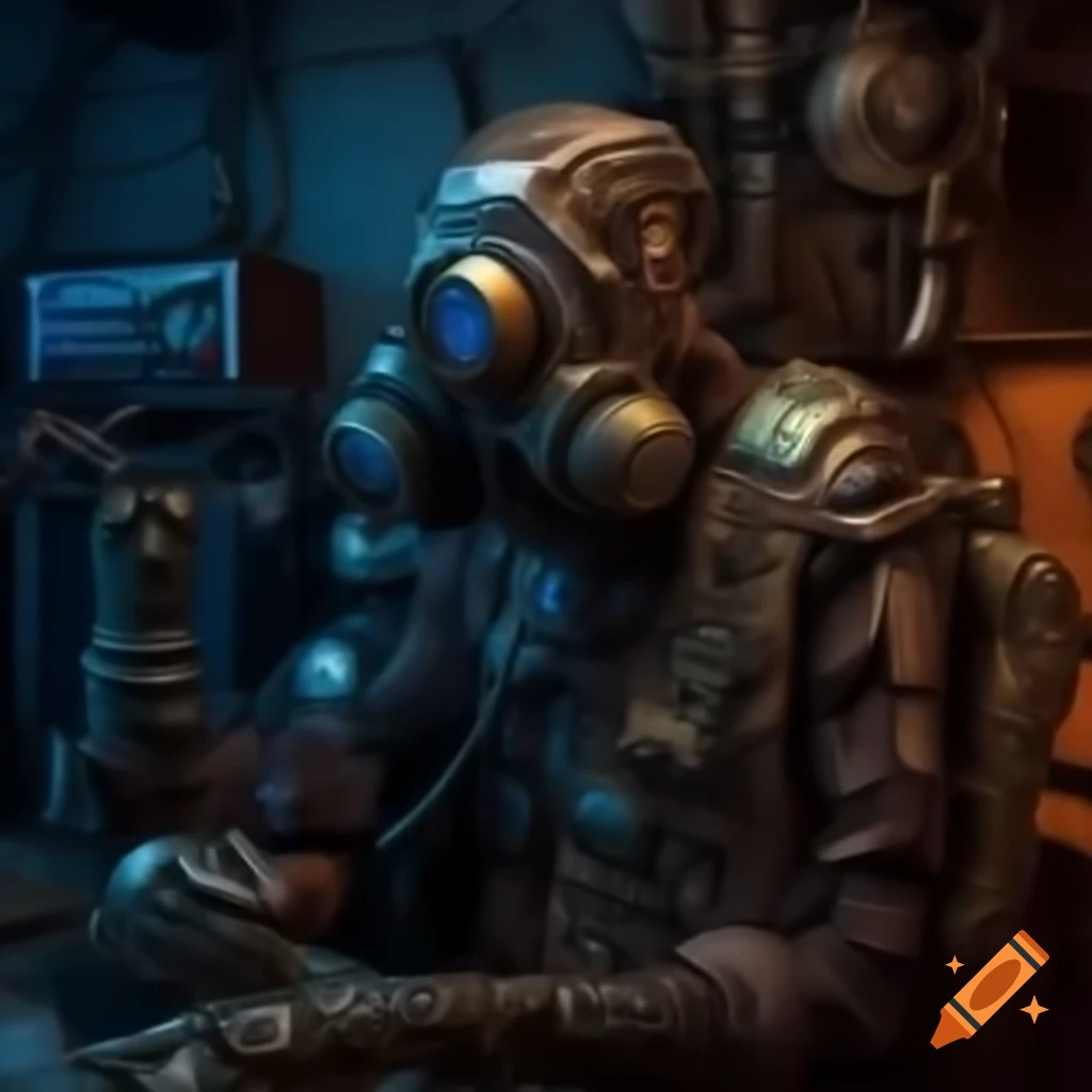 Cinematic view of mechanical man in Goth attire with Steampunk gas mask ...