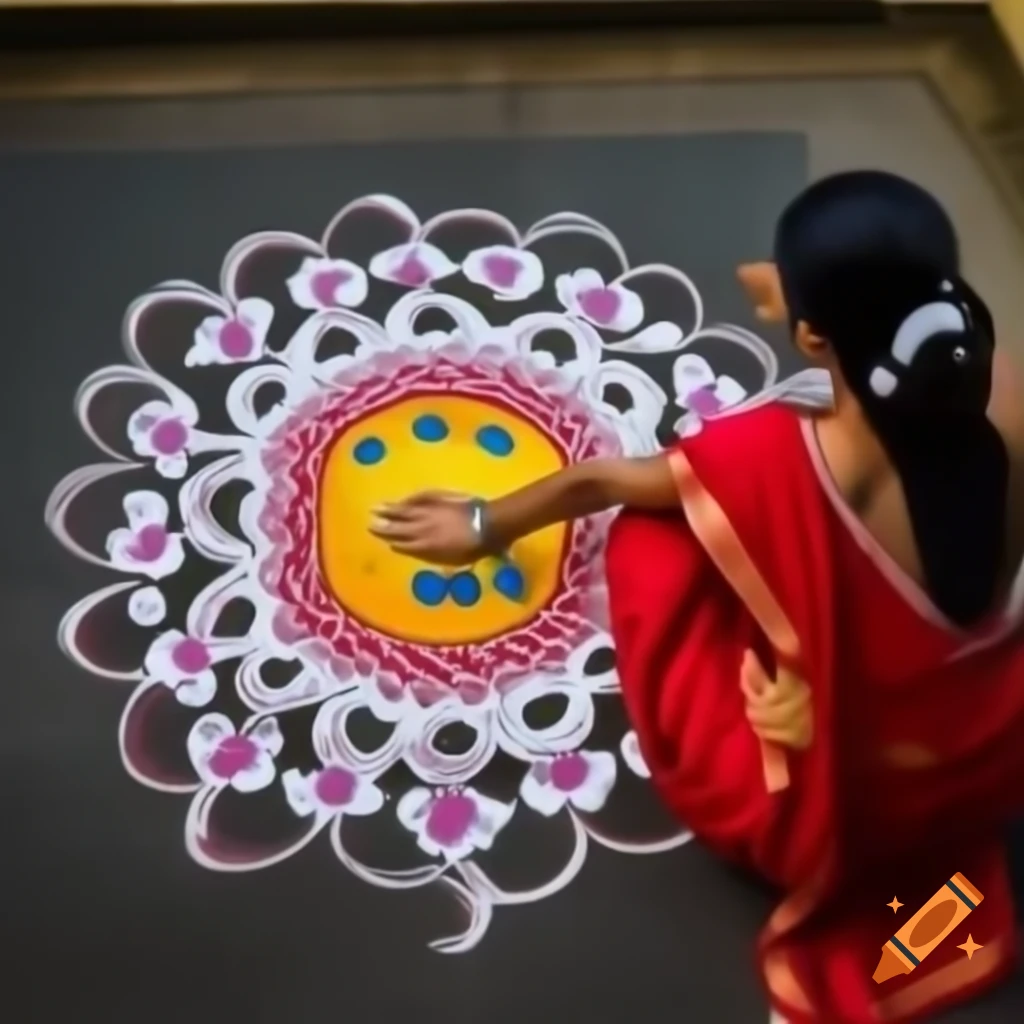 Woman in red saree creating rangoli with right hand, artistic drawing ...