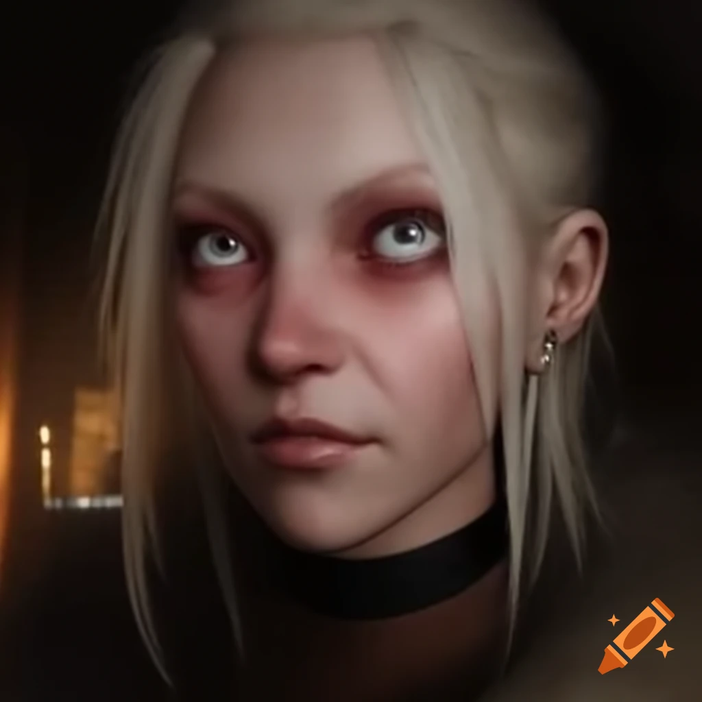 Albino woman with large black eyes and stone age fur in a surreal ...