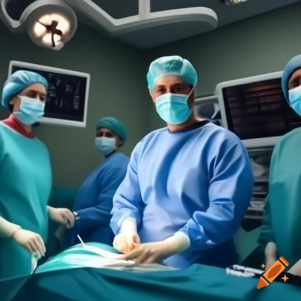 Medical staff in surgical scrubs in a brightly lit operating room on ...