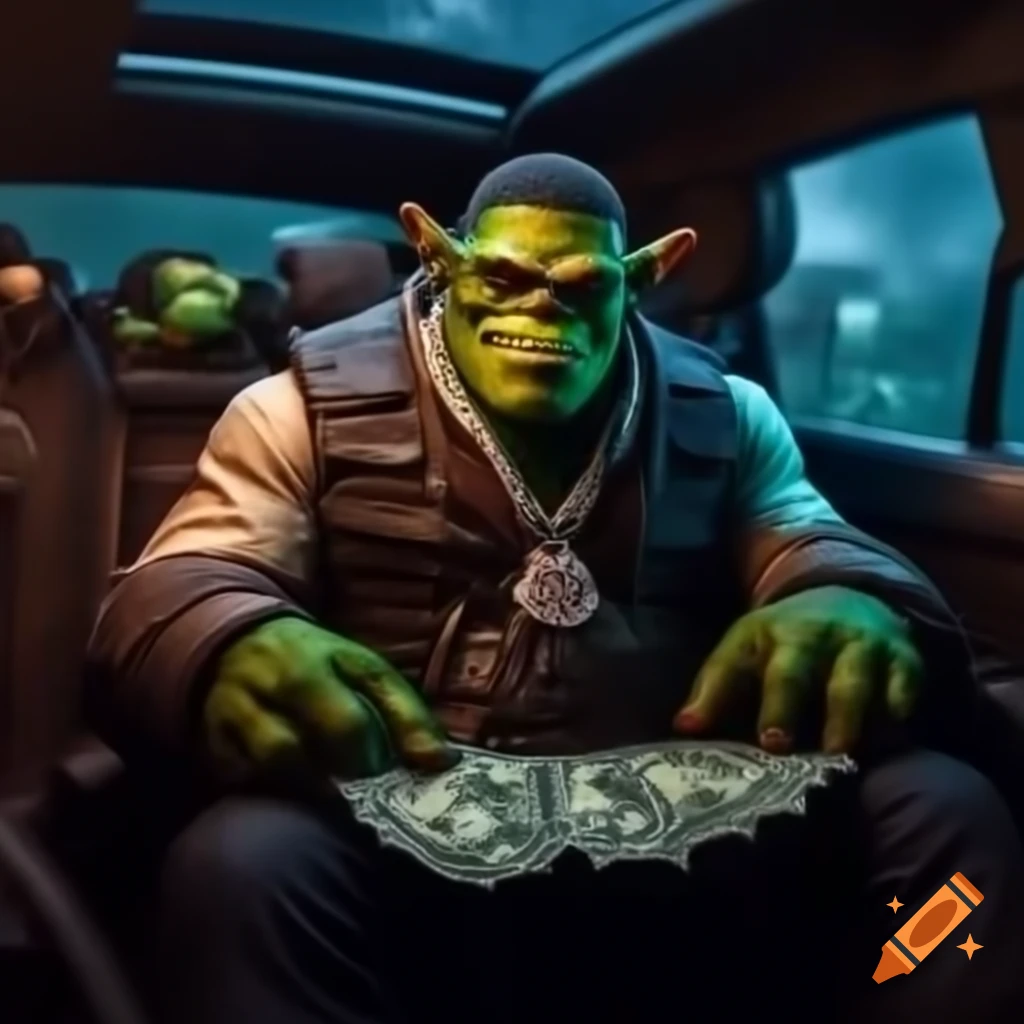 Stylishly dressed orc in luxurious car with tinted windows on Craiyon