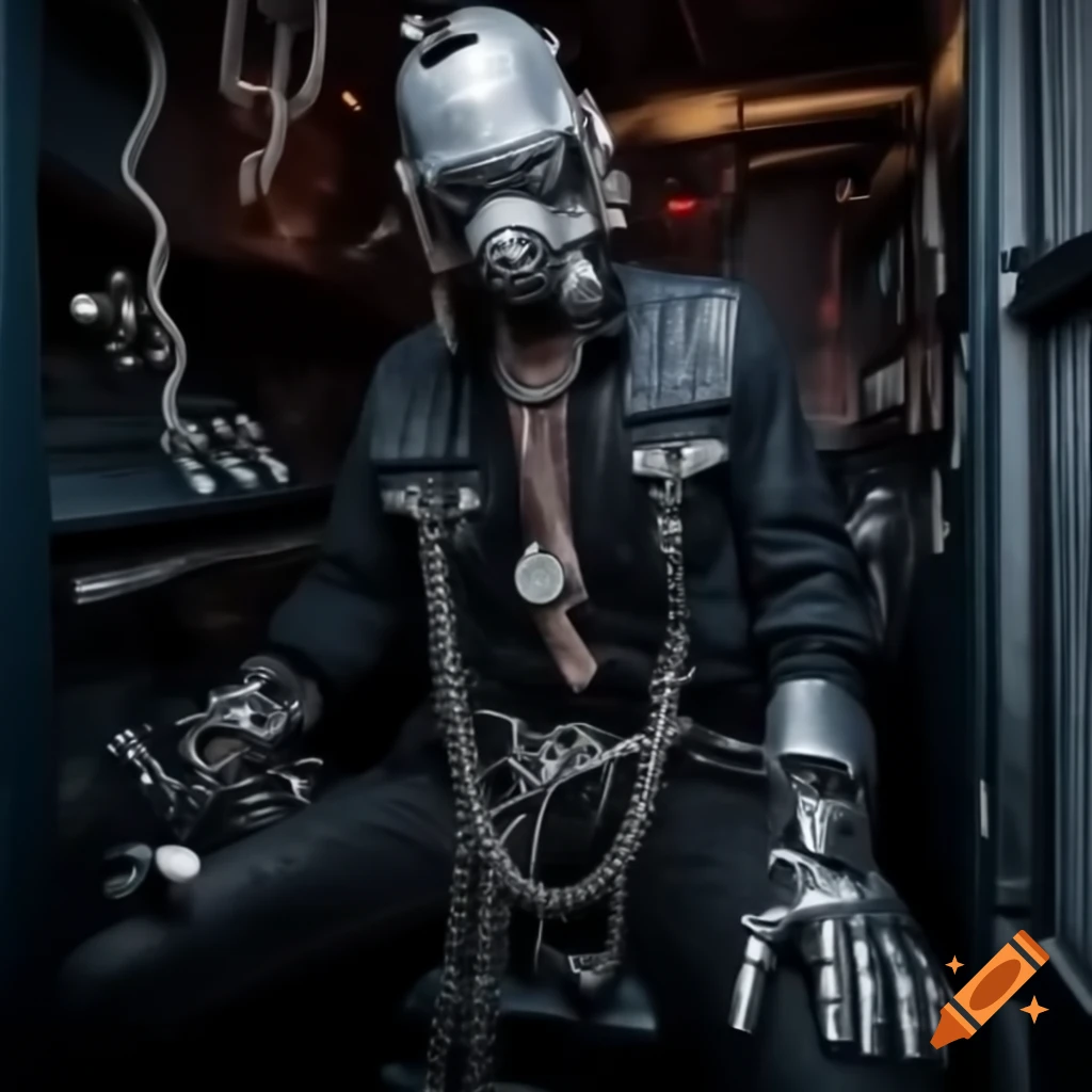 Cinematic front view of mechanical man in Gothic Hot Topic style ...