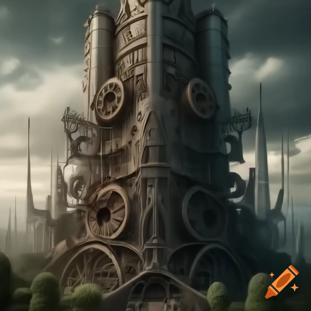 Colossal steampunk tower with intricate gears on cliff face on Craiyon