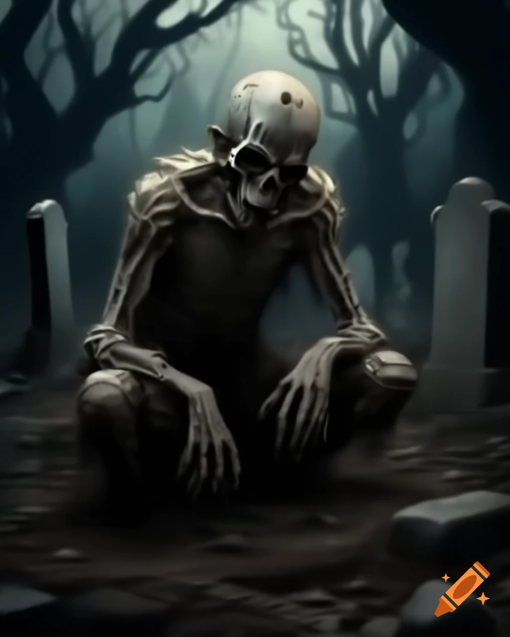 Realistic illustration of a ghoul in a fog-covered cemetery on Craiyon