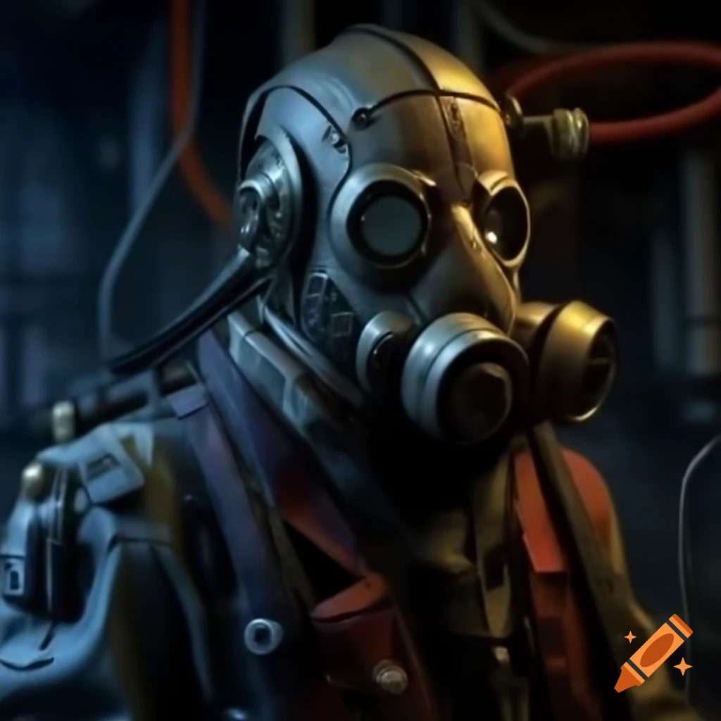 Cinematic front view of mechanical man in Goth steampunk style clothing ...