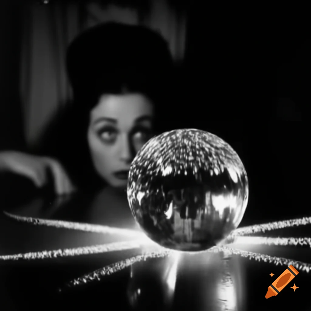 Sparkling crystal ball with scared gypsy in horror style on Craiyon