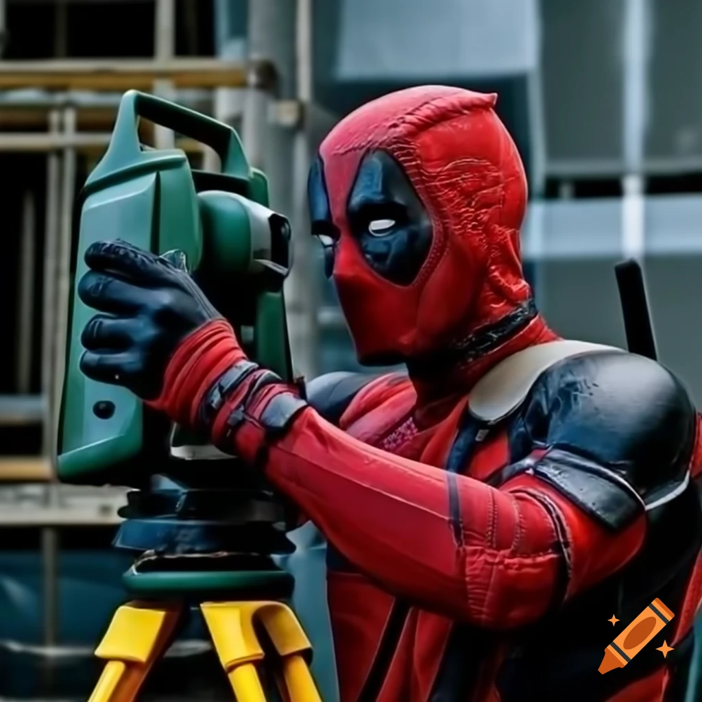 Deadpool character using total station at construction site on Craiyon