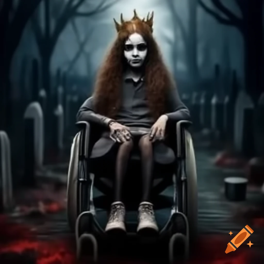 Girl in wheelchair wearing crown in a cemetery, horror theme on Craiyon